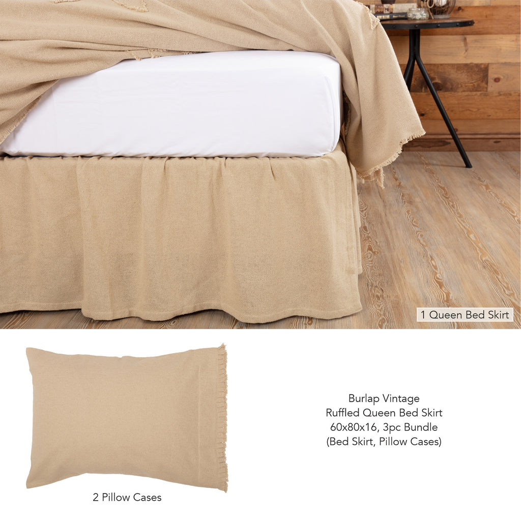 Burlap Vintage Ruffled Queen Bed Skirt 60x80x16 3pc Bundle (Bed Skirt, – Beth's Country ...
