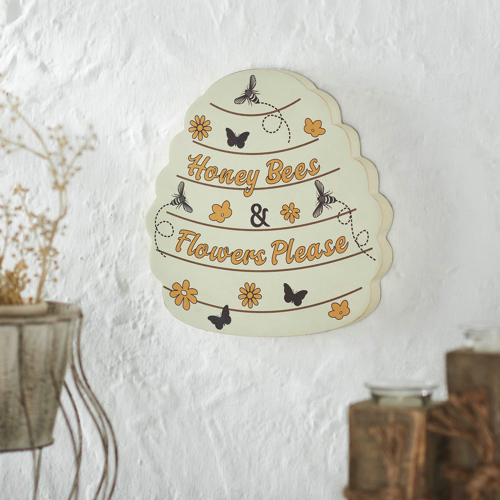 Buzzy Bees Honey Bees & Flower Please Bee Hive MDF Wall Sign 11x11x1 ...