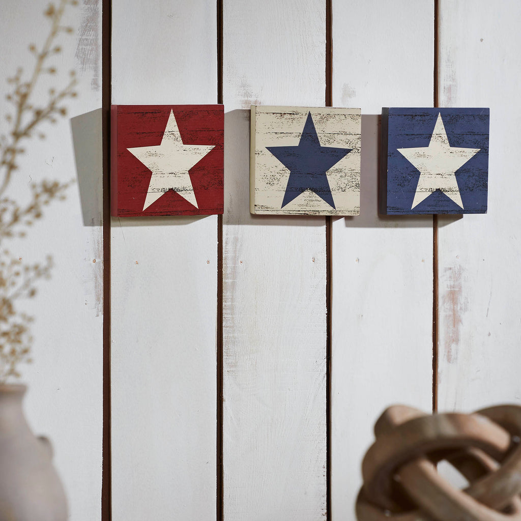 RWB Star MDF Block Signs Set of 3 5x5x1 **BACKORDERED UNTIL MARCH 2025 ...