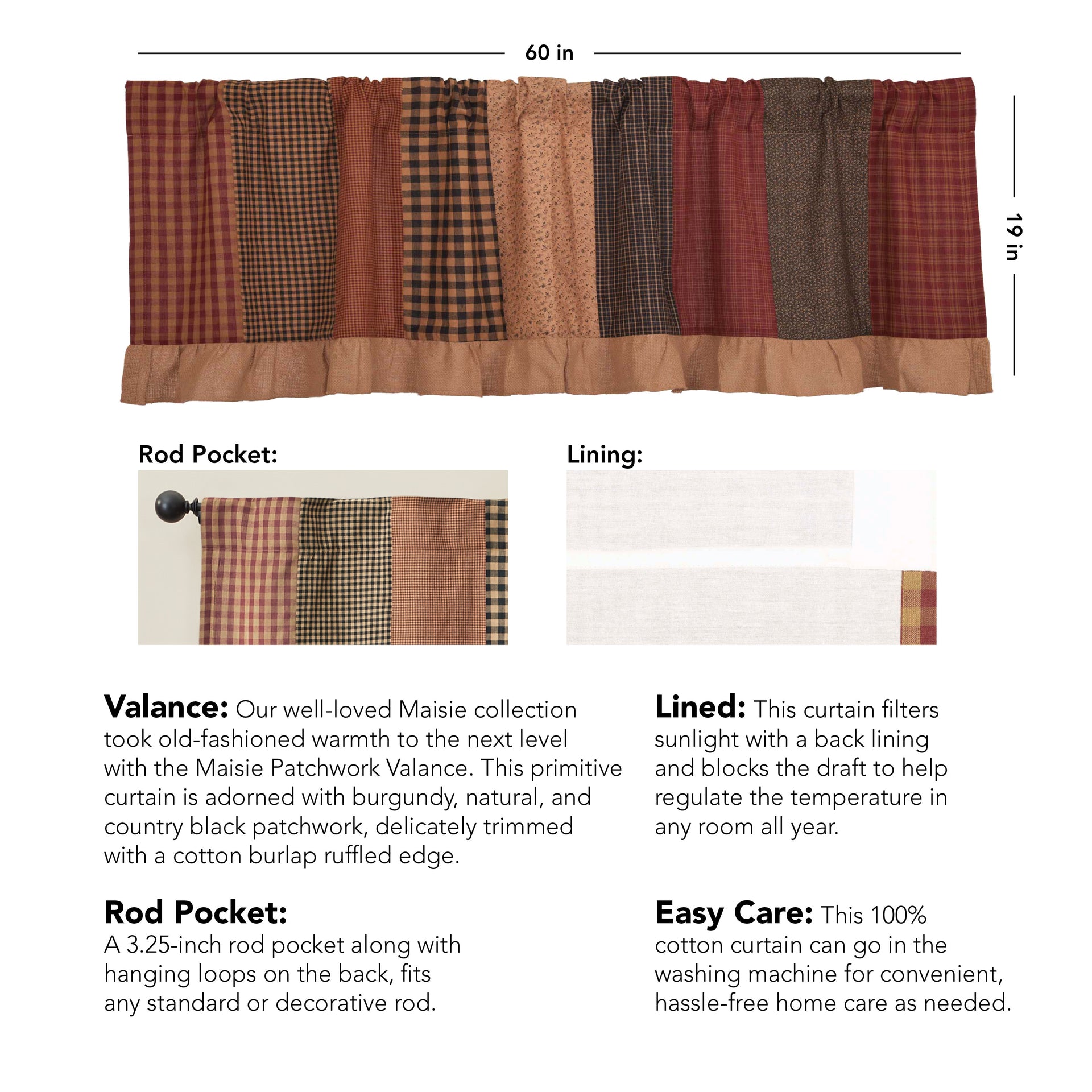 Maisie Patchwork Valance 19x60 – Beth's Country Primitive Home Decor